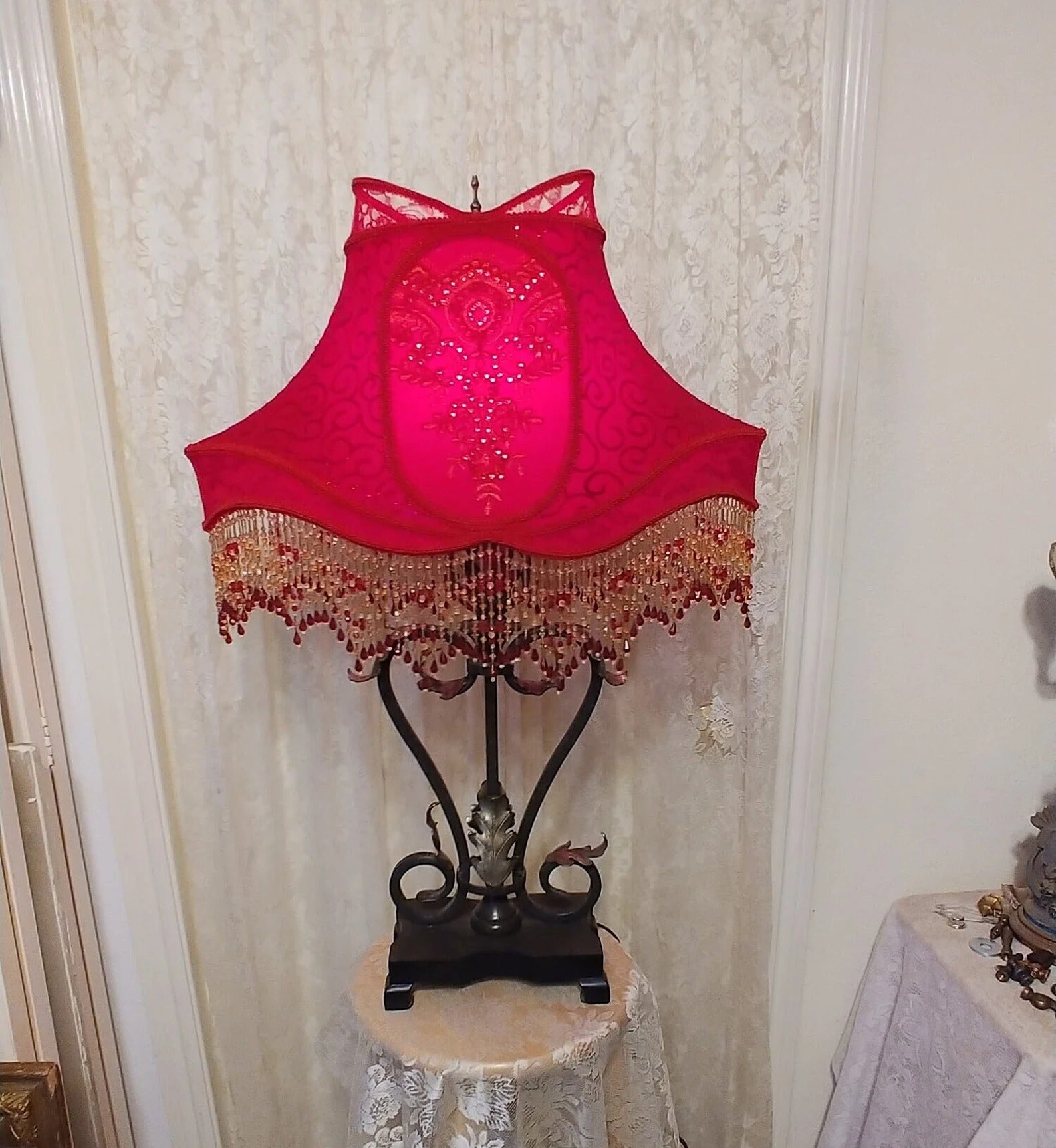 Chinese Red Beaded Lampshade with Vintage Metal Lamp - 1930s Era ...